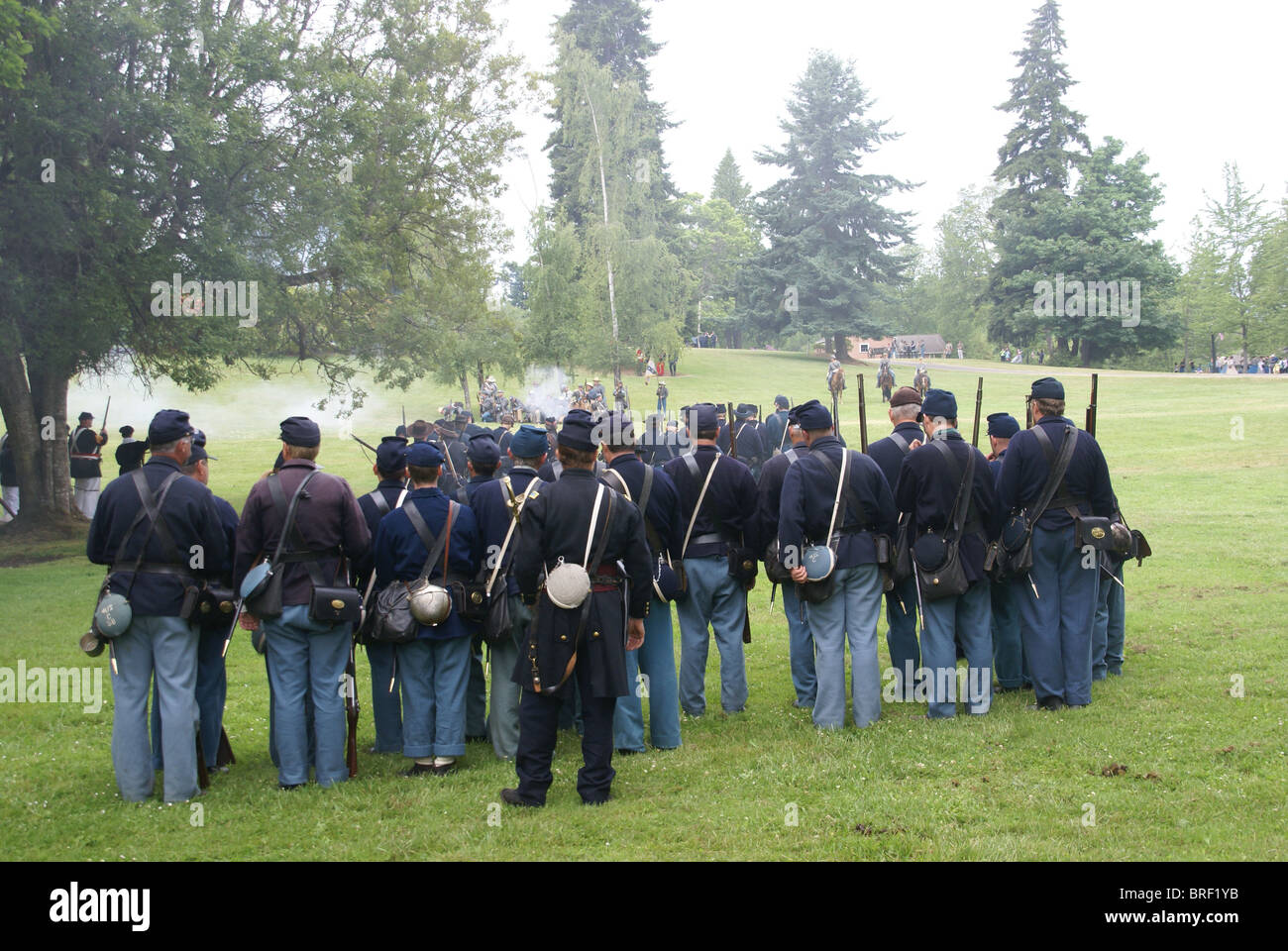 Union infantry line firing a volley, Civil War Battle Re-enactment ...