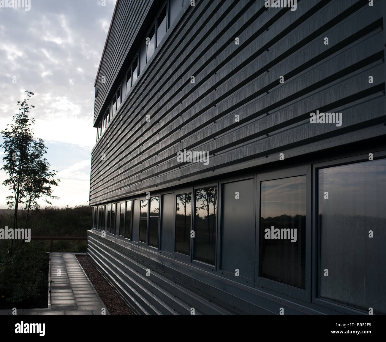 External shot of Modern building, strong horizontal lines with tree ...