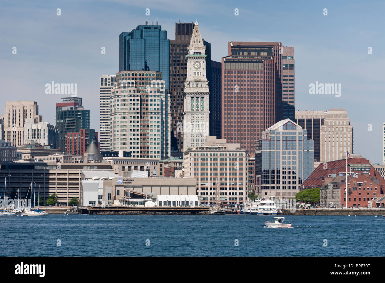 Boston City Skyline and Customs House tower from the Harbor. The ...