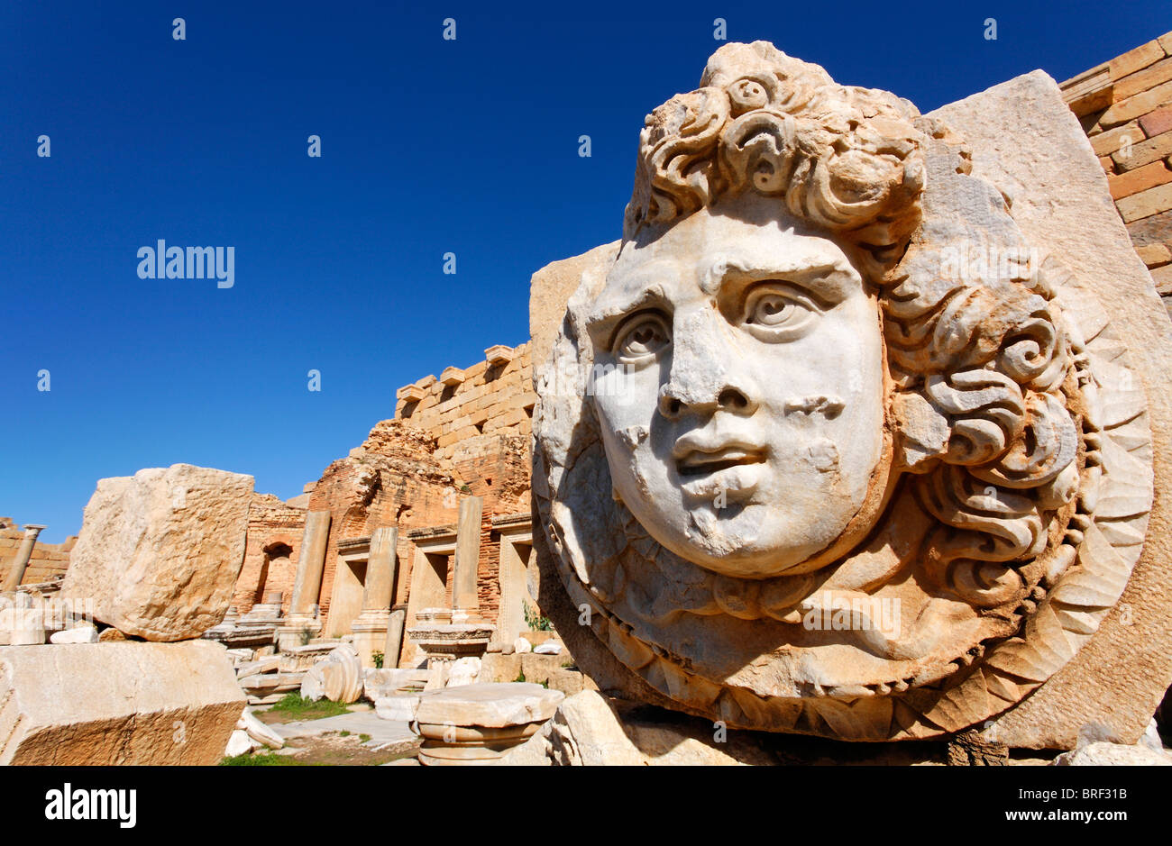 Sculpted Medusa head at the Forum of Severus, Leptis Magna, Libya Stock ...