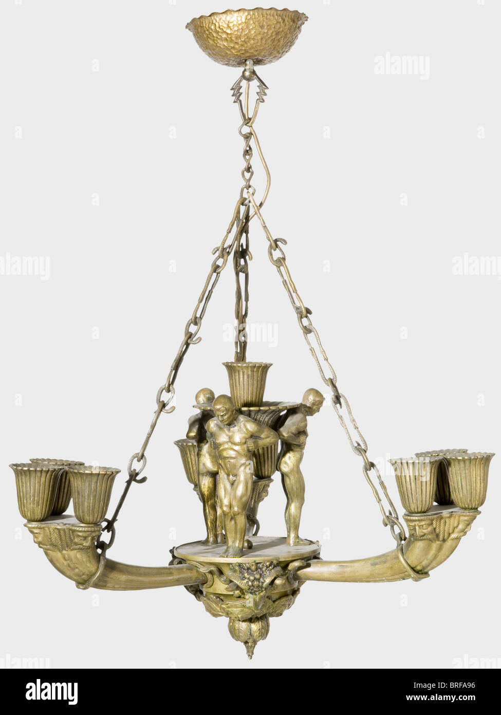 A bronze ceiling light., Three arms in cornucopia form with male heads ...