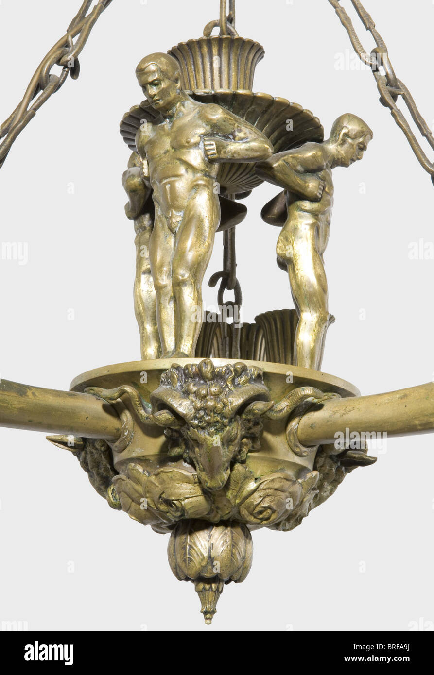 A bronze ceiling light., Three arms in cornucopia form with male heads ...