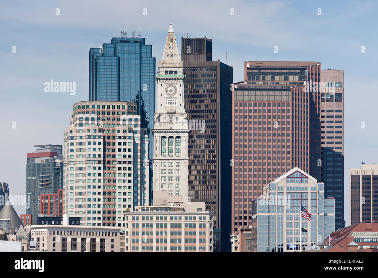 Boston City Skyline and Customs House Tower from the Harbor. The ...