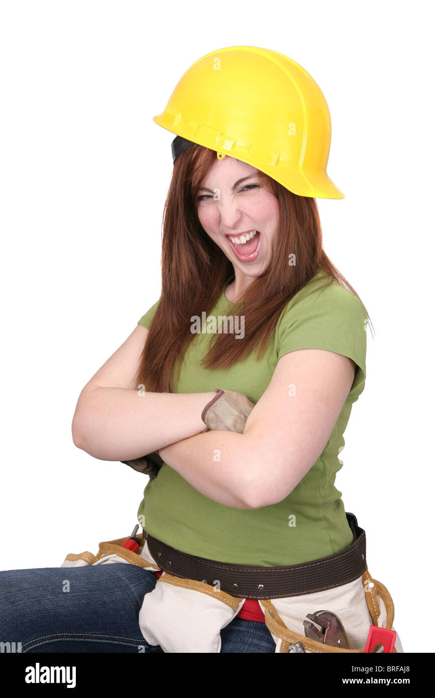 expressive beautiful construction worker woman with hardhat and tools ...