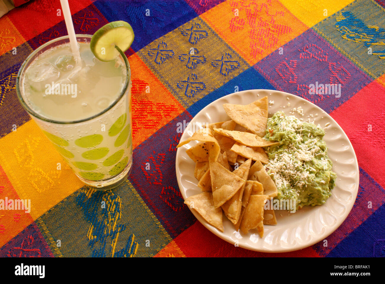 Guacamole, chips, and glass of lemonade or limonada, Cholula, Puebla ...