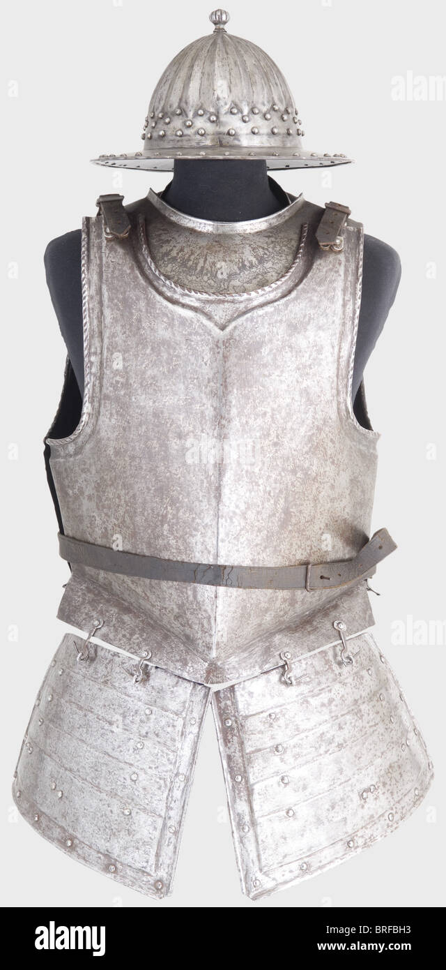 An English suit of armour for a man-at-arms, circa 1650, made of ...