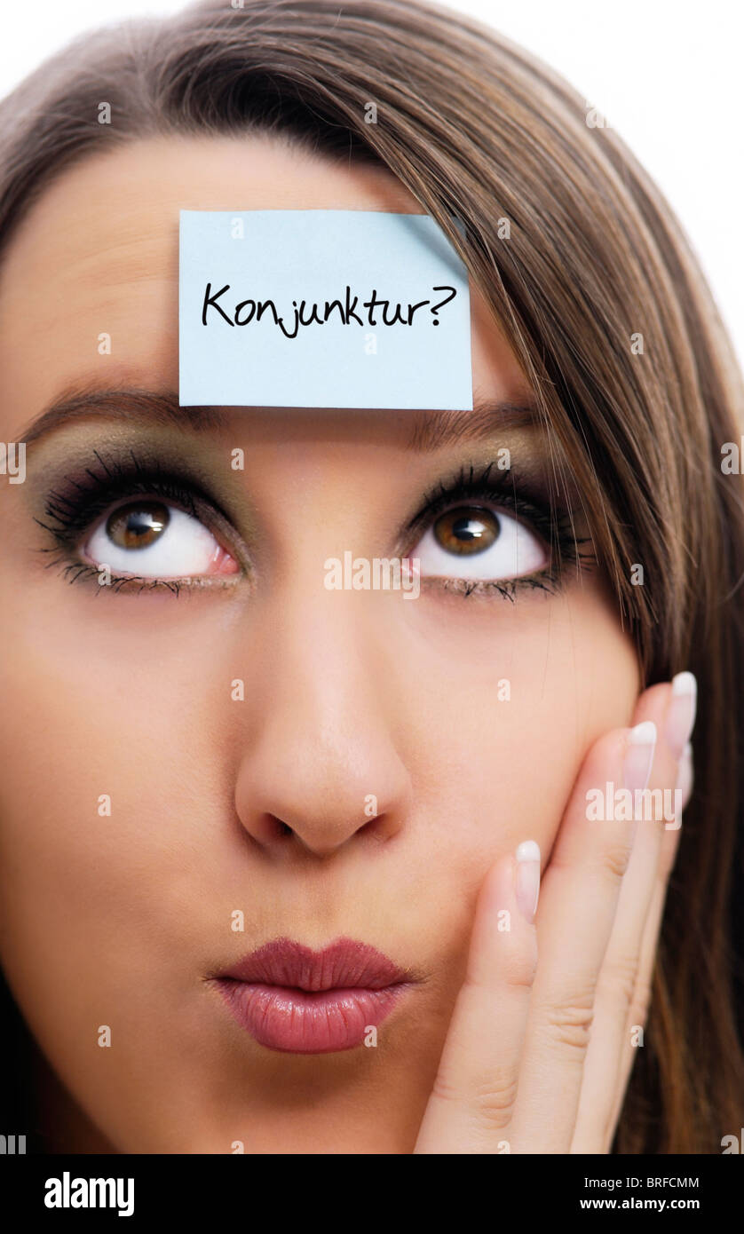 Woman with labels on their forehead, marked economy Stock Photo - Alamy