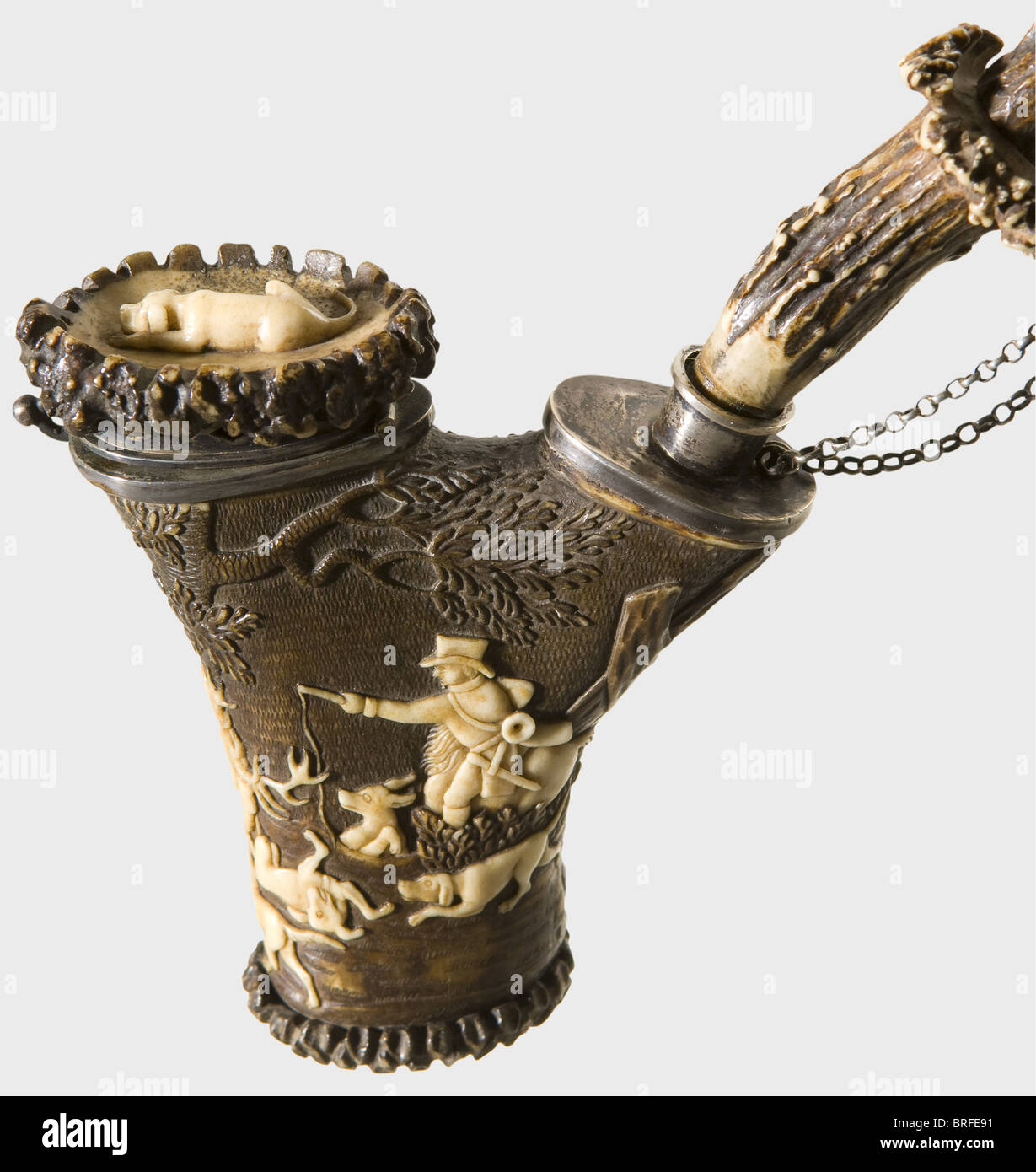 A carved staghorn pipe, Meiningen, Thuringia, circa 1830. Staghorn with ...