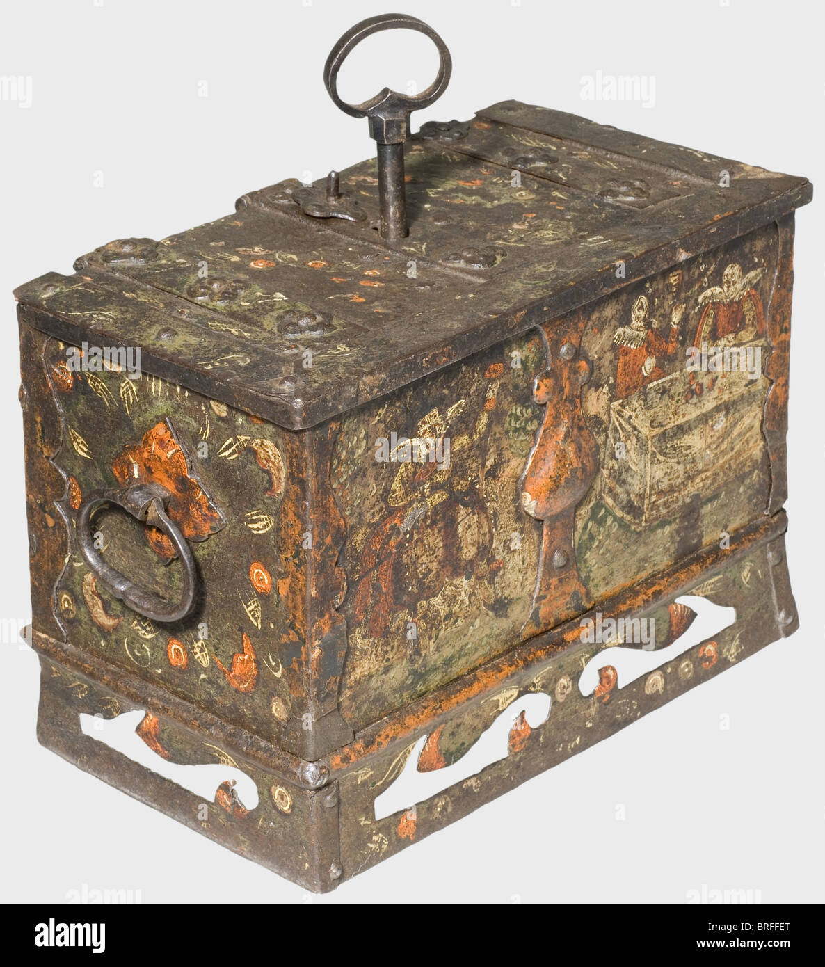 A painted iron casket, Nuremberg, circa 1620. Rectangular casket of ...
