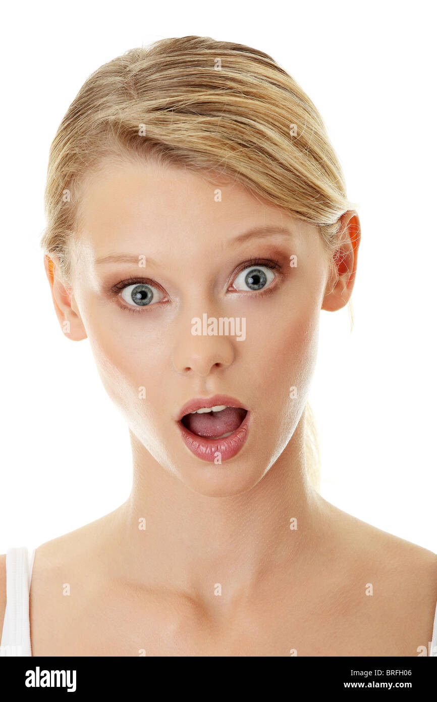 Shocked teen girl portrait, over white background Stock Photo - Alamy