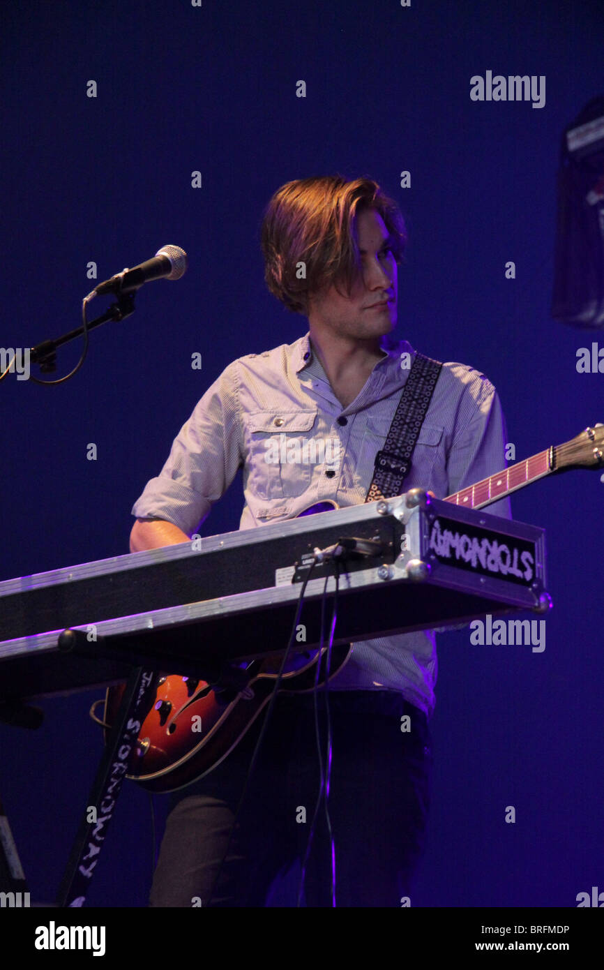 Oliver Steadman, bass guitarist of indie-folk band Stornoway, plays at ...