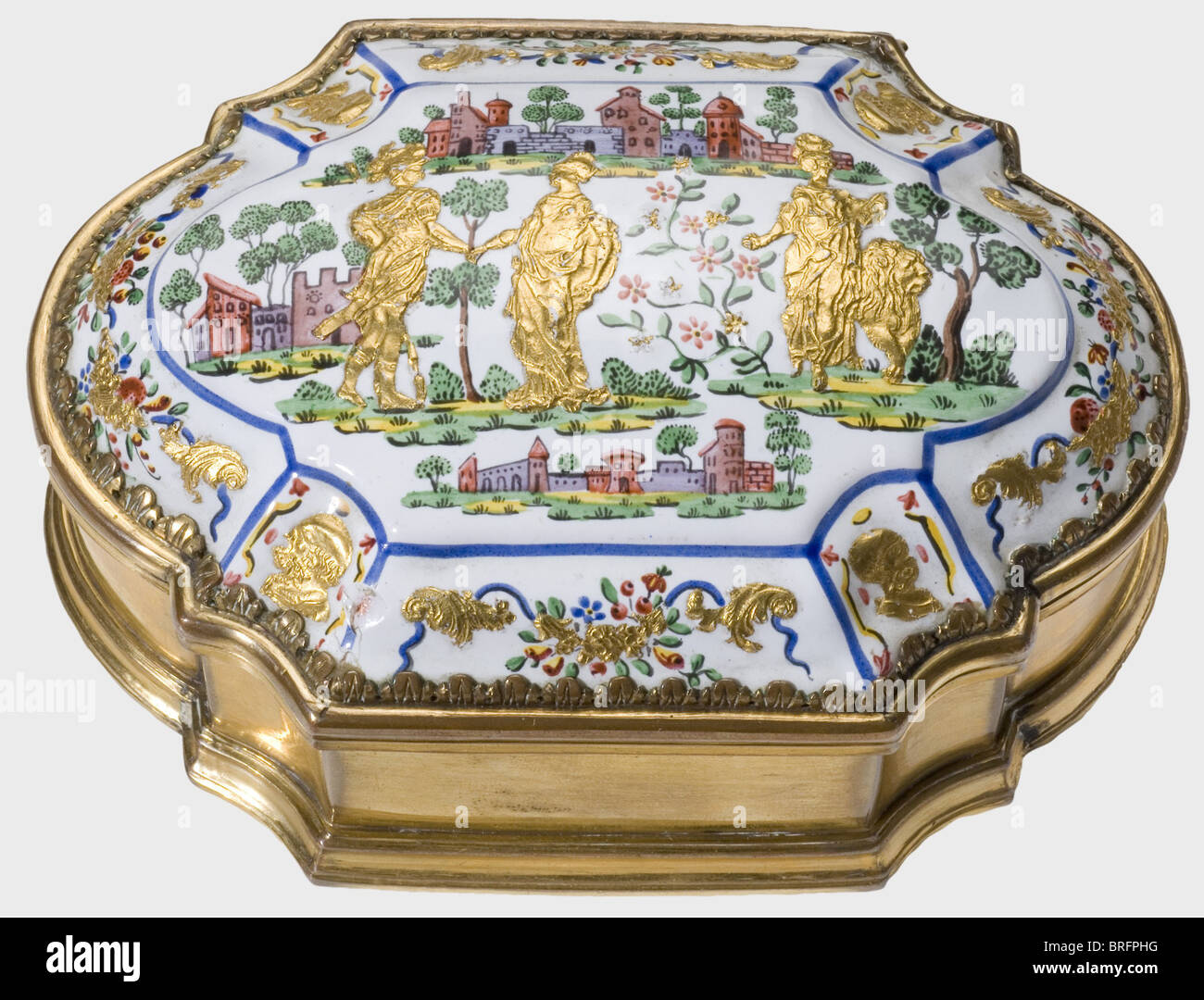 A German snuff box, 18th century. Gilded copper. Cambered, enamelled ...