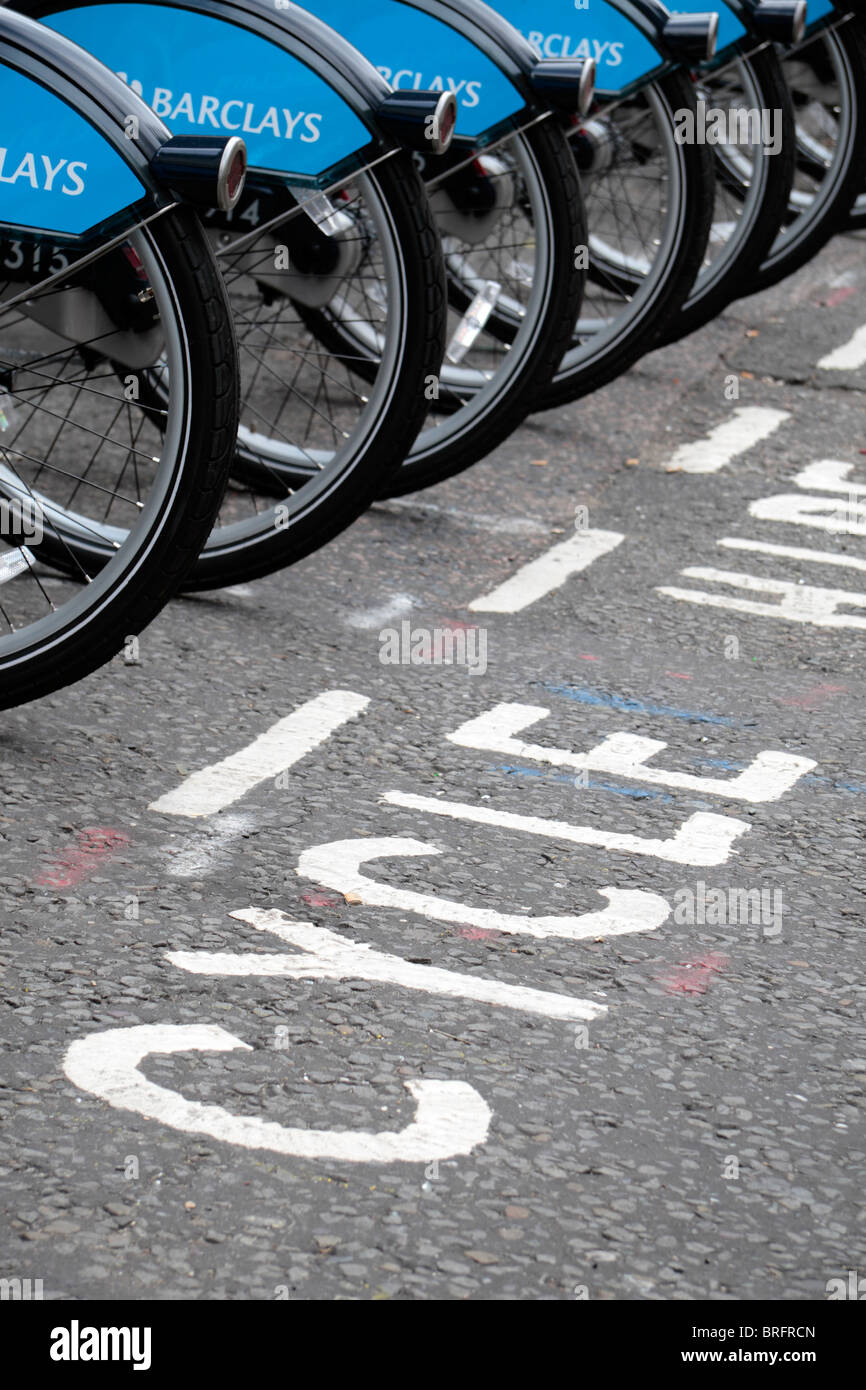 Road markings and rows of bicycles in St Georges Street, London, part ...