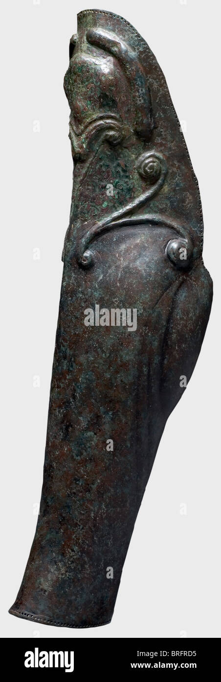 A Greek greave,6th century B.C.Right greave with numerous anatomical ...