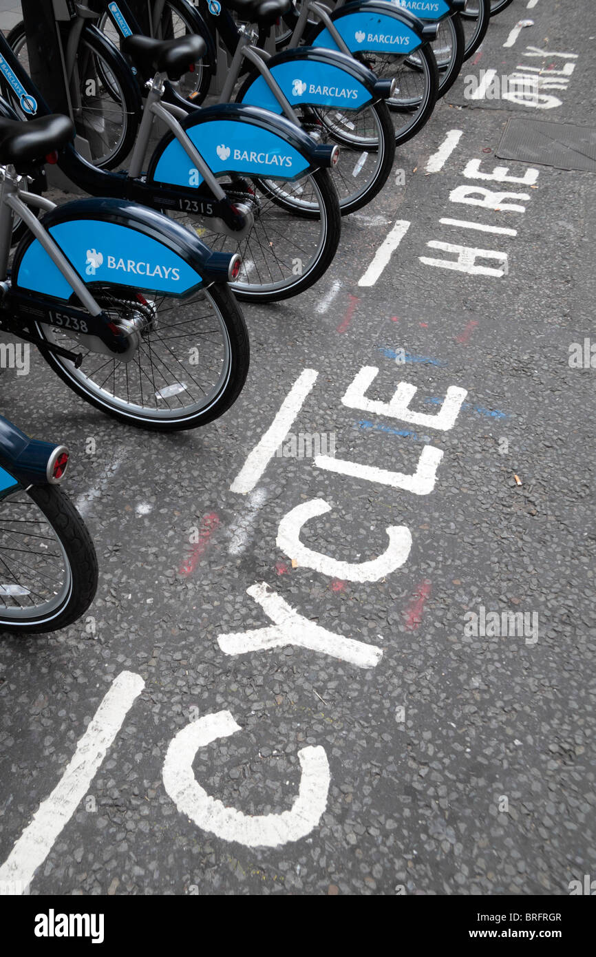 Road markings and rows of bicycles in St Georges Street, London, part ...