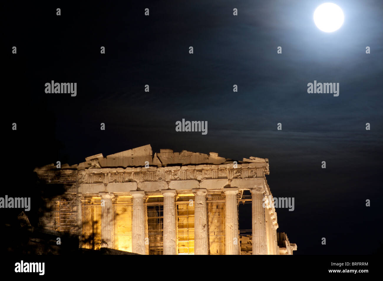 Parthenon view in Athens during a full moon night on new years eve ...