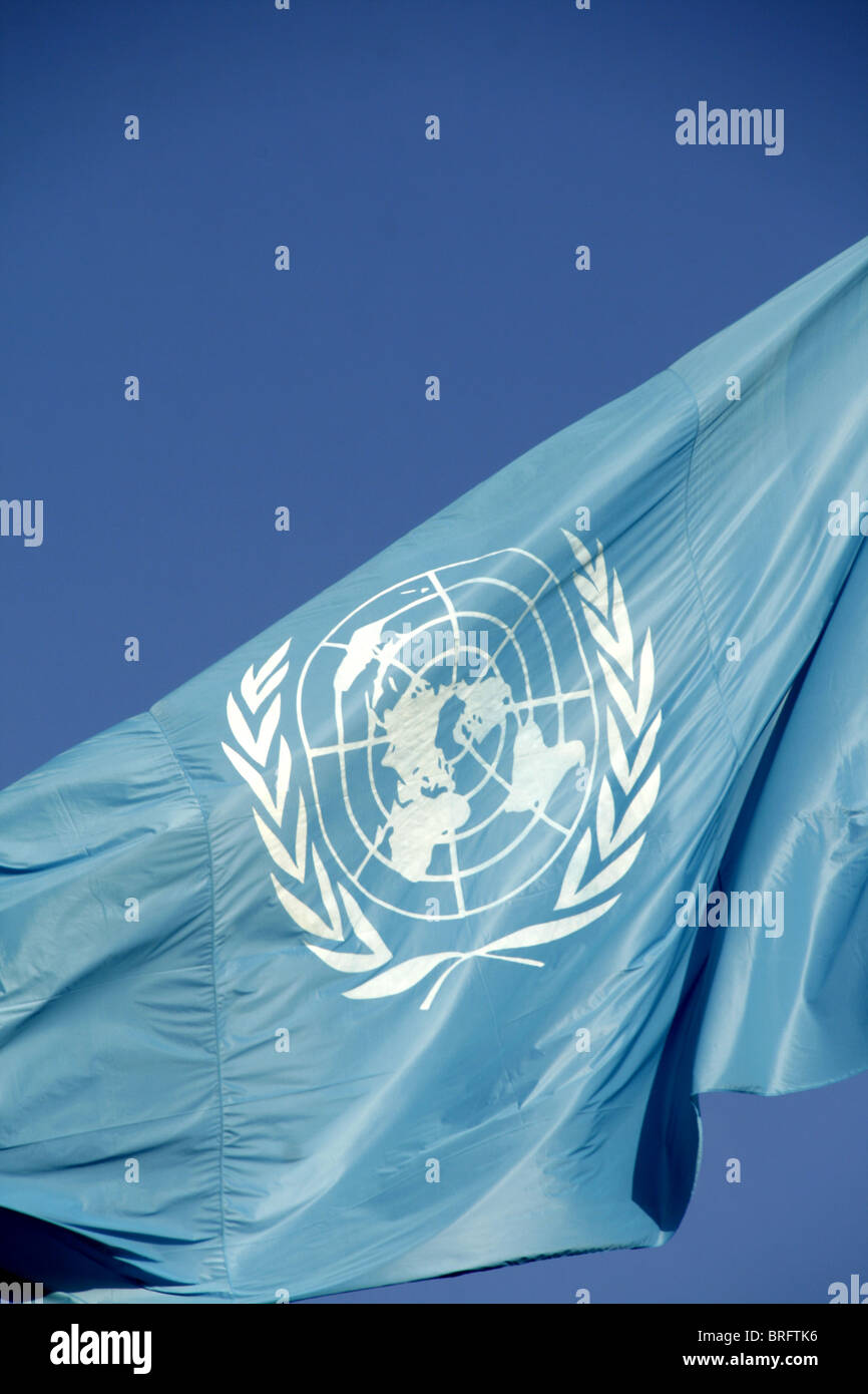 united nations flag flying in blue sky Stock Photo - Alamy