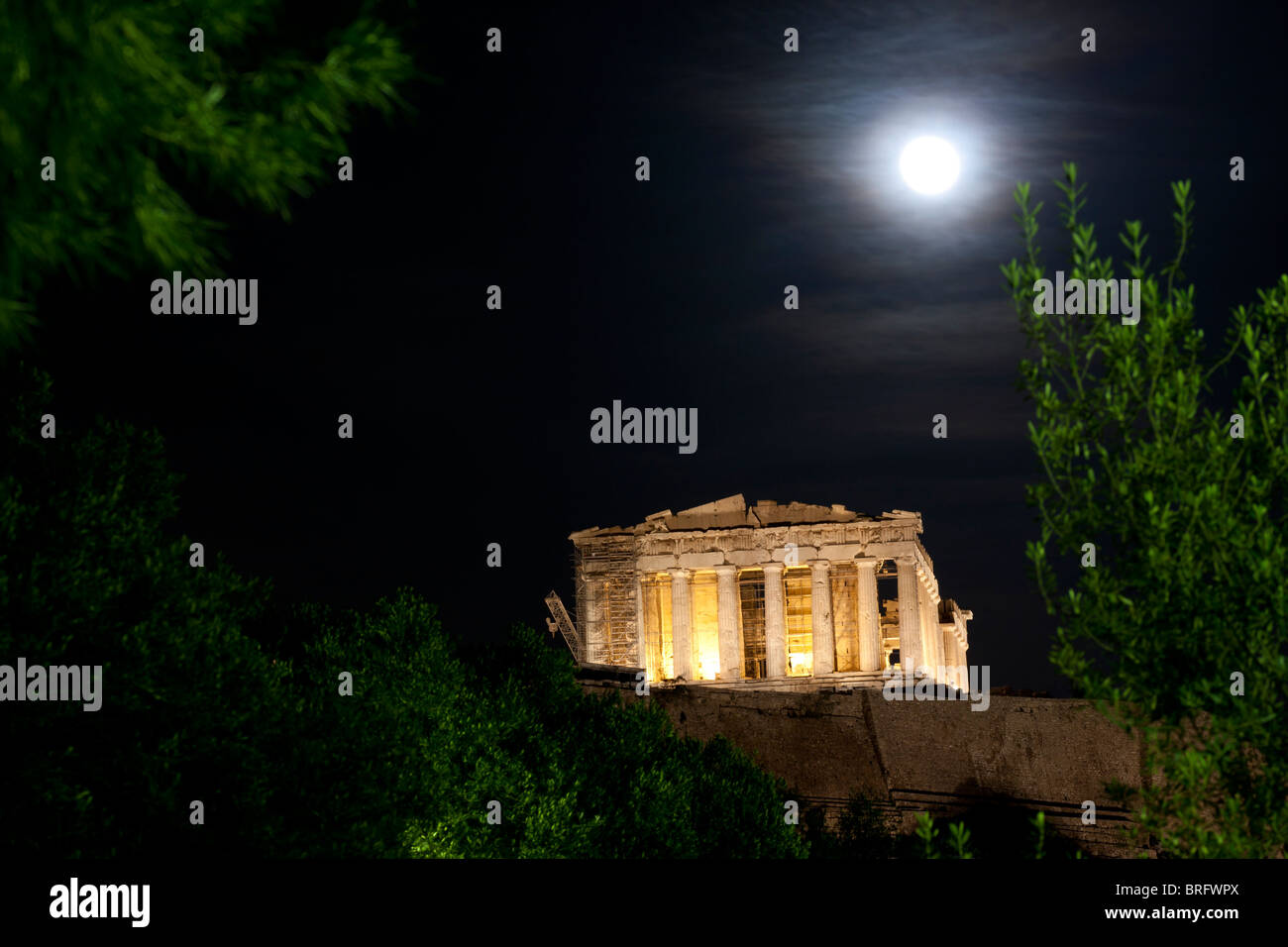 Parthenon view in Athens during a full moon night on new years eve ...