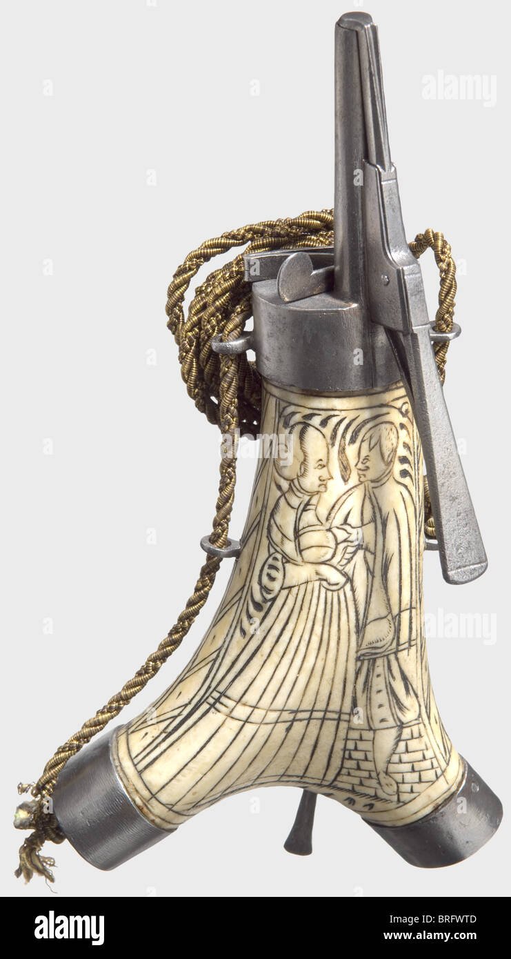 A German powder flask, circa 1580. Body of polished staghorn. The ...