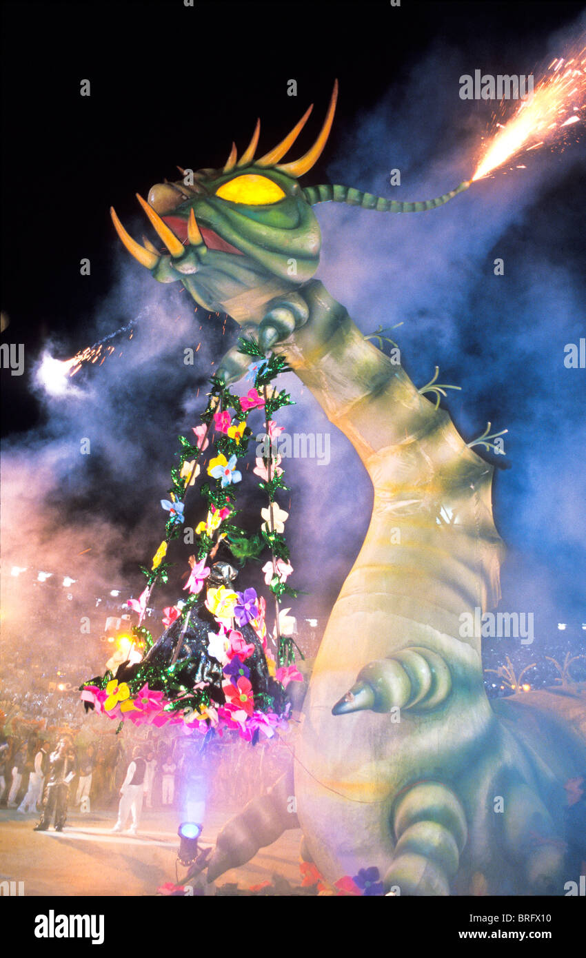 During the "Boi Bumba" Amazon Carnival, a giant Caterpillar float roars ...