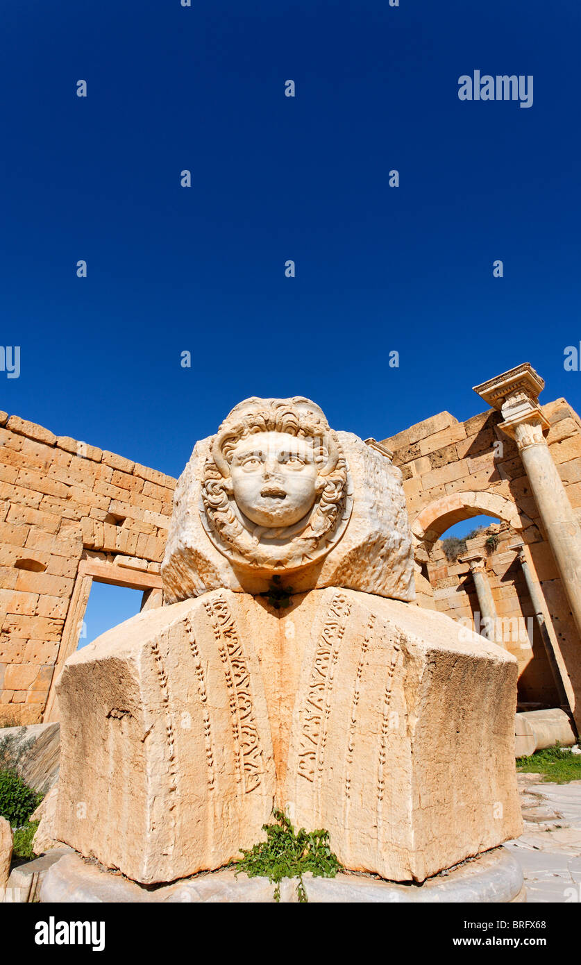 Sculpted Medusa head at the Forum of Severus, Leptis Magna, Libya Stock ...