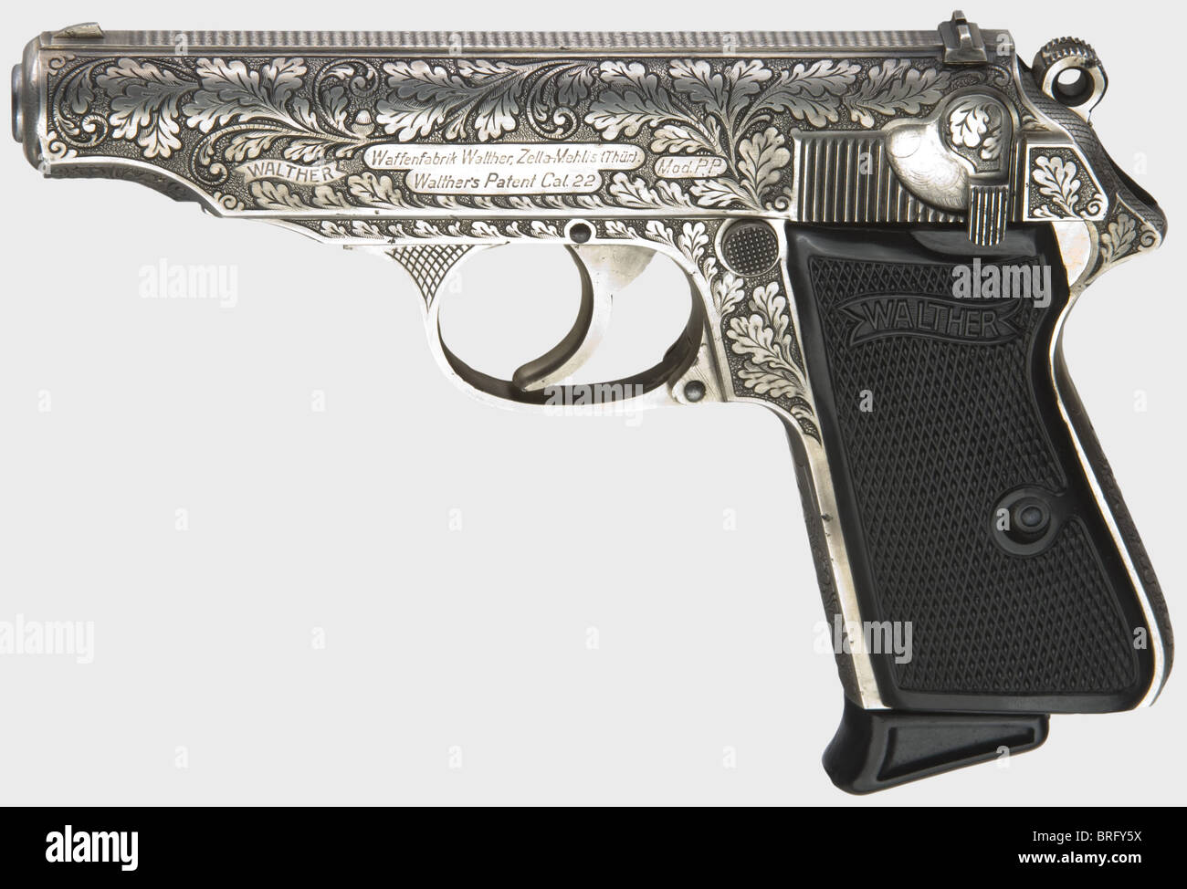 A Walther PP ZM,engraved,silver-plated,cal..22 l.r.,no. 892018. Bright ...