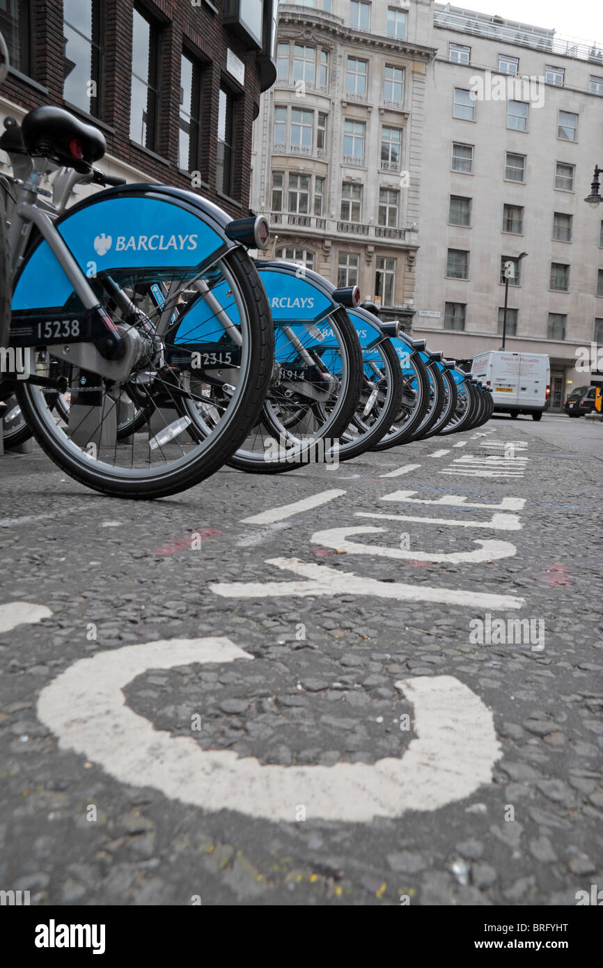 Road markings and rows of bicycles in St Georges Street, London, part ...
