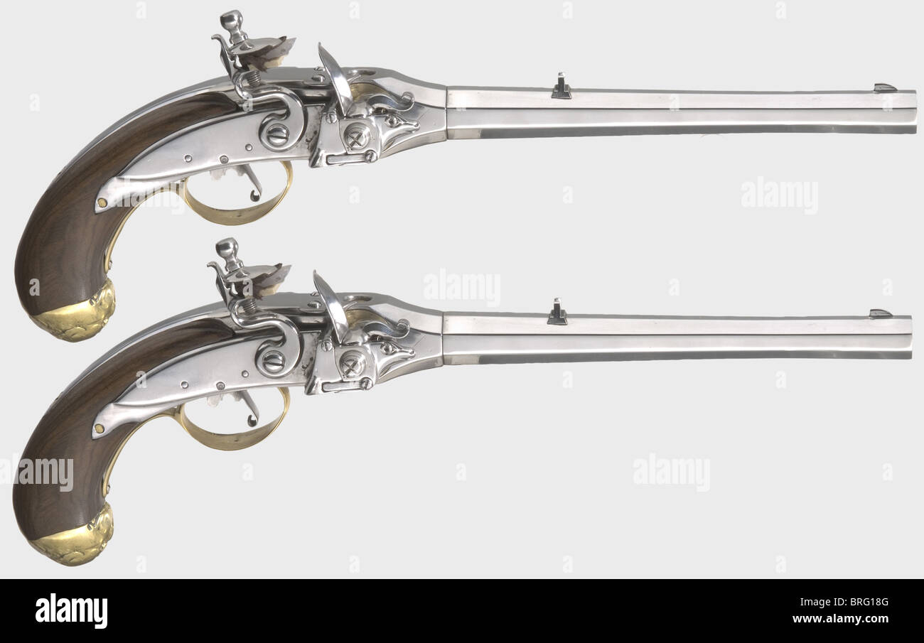 A cased pair of repeating flintlock pistols,replicas in the style of ...