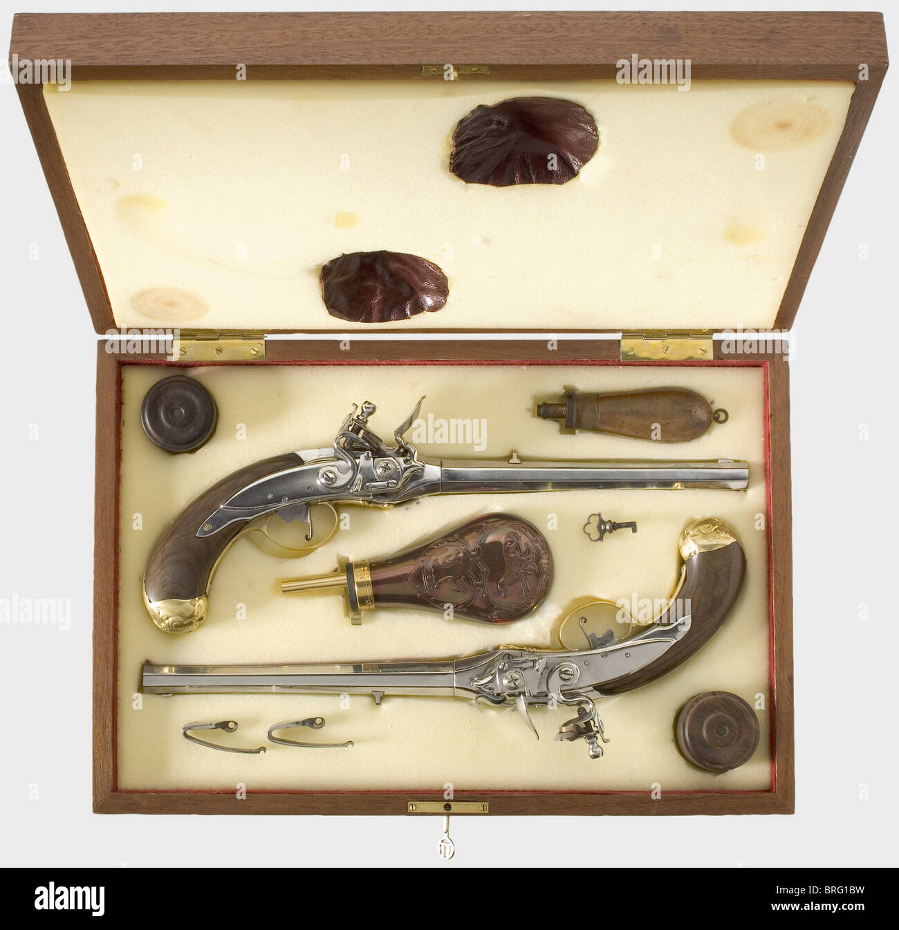 A cased pair of repeating flintlock pistols,replicas in the style of ...
