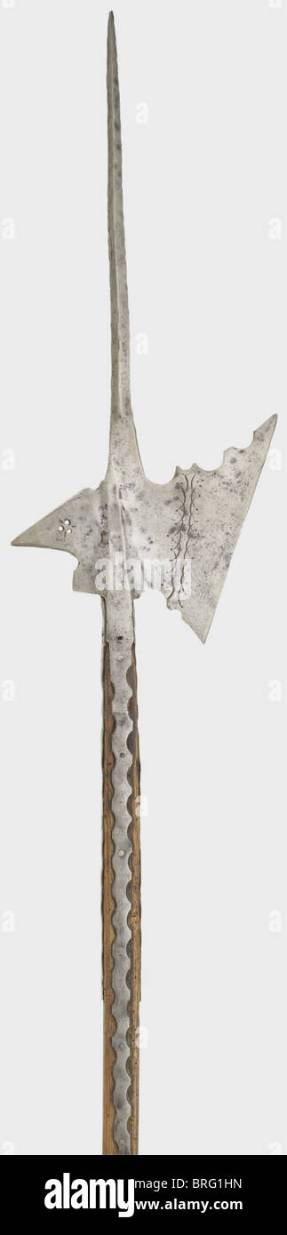 A Swiss halberd,middle of the 16th century Quadrangular spike with a ...