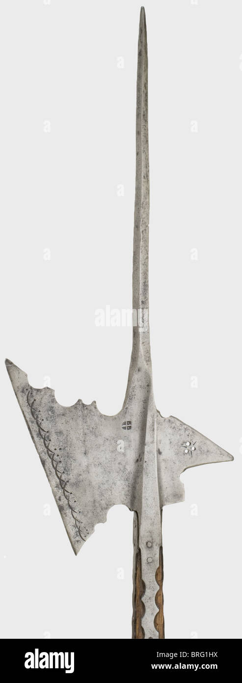 A Swiss halberd,middle of the 16th century Quadrangular spike with a ...