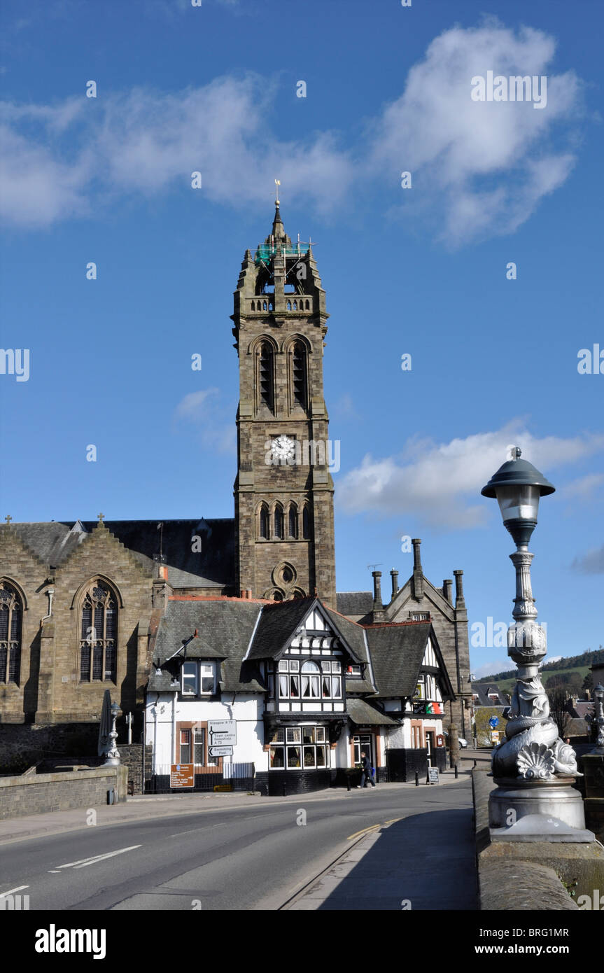 Old Parish Church from River Tweed Bridge, Peebles (Scottish Borders ...