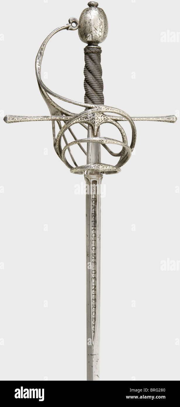 A fine Italian rapier,circa 1600. Slender thrusting blade,ridged on ...
