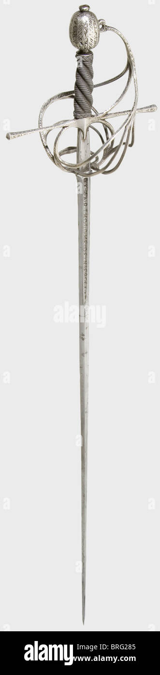 A fine Italian rapier,circa 1600. Slender thrusting blade,ridged on ...