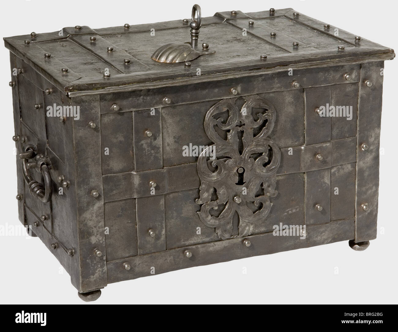 A small German war chest,17th century. Rectangular,iron trunk with ...