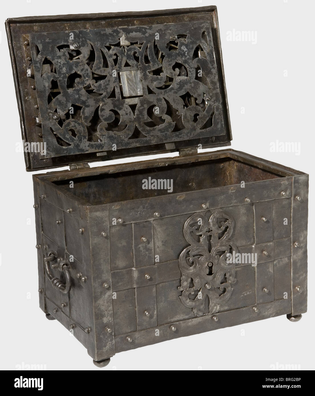 A small German war chest,17th century. Rectangular,iron trunk with ...