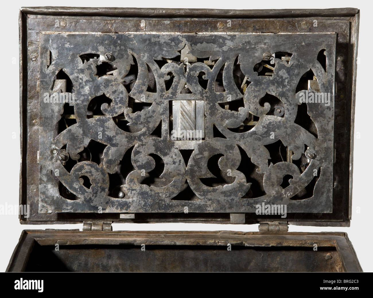 A small German war chest,17th century. Rectangular,iron trunk with ...