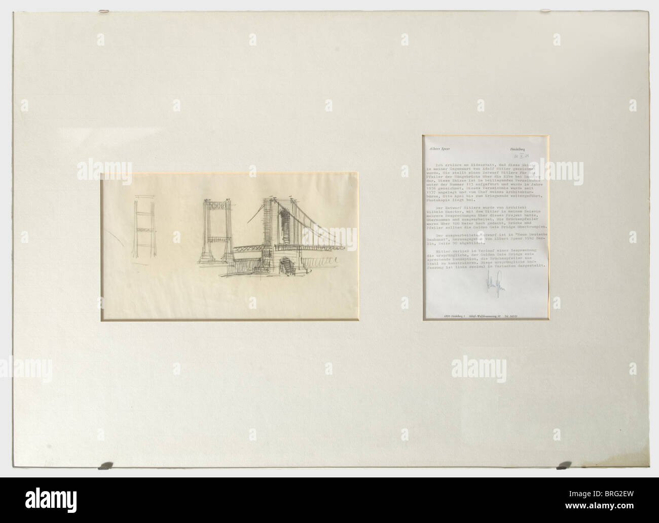 Adolf Hitler,a sketch for a suspension bridge over the Elbe River near ...