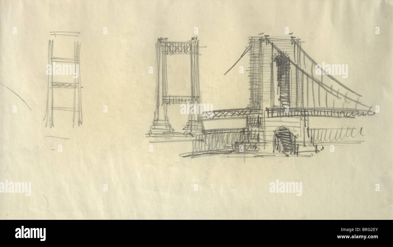 Adolf Hitler,a sketch for a suspension bridge over the Elbe River near ...