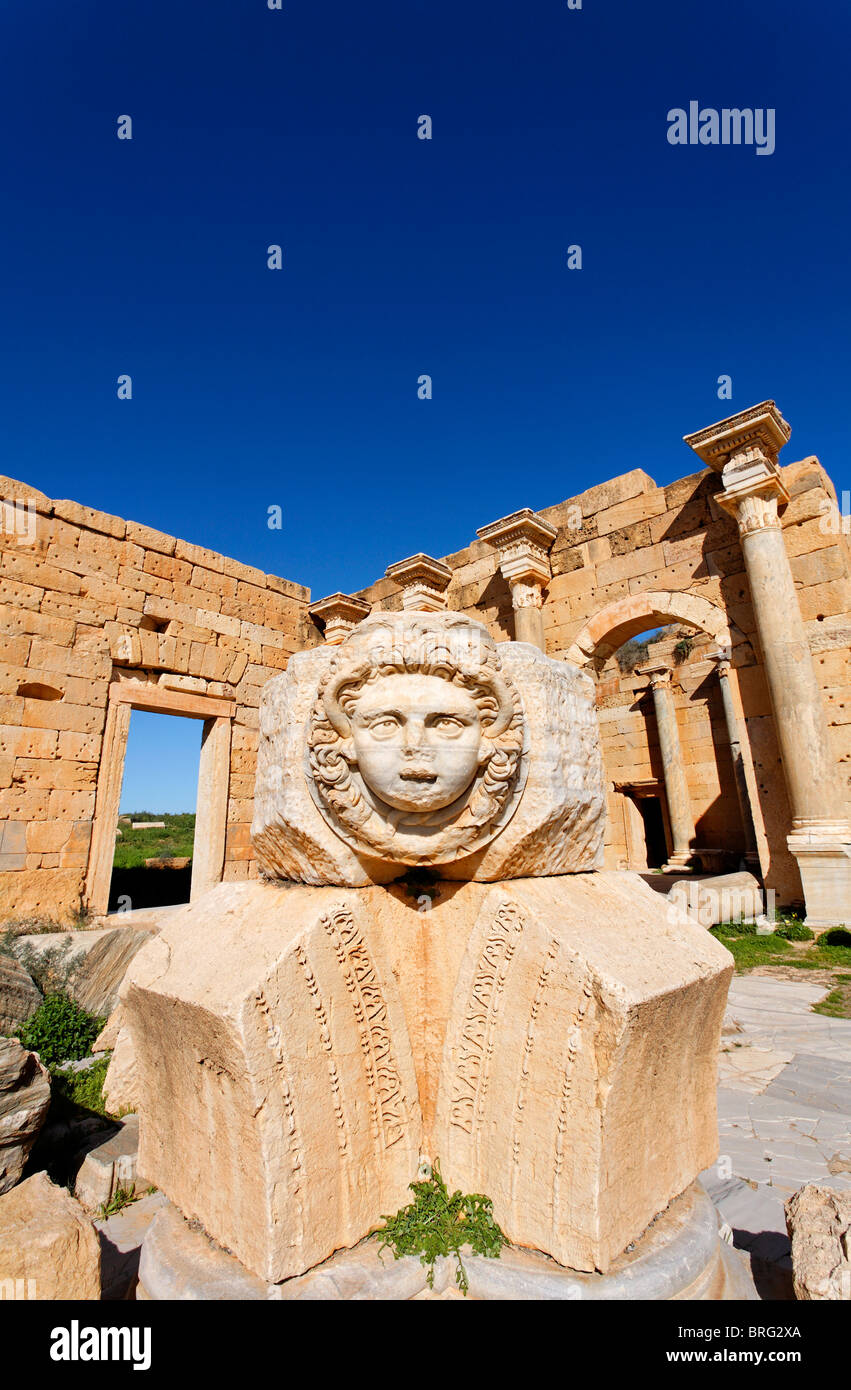 Sculpted Medusa head at the Forum of Severus, Leptis Magna, Libya Stock ...