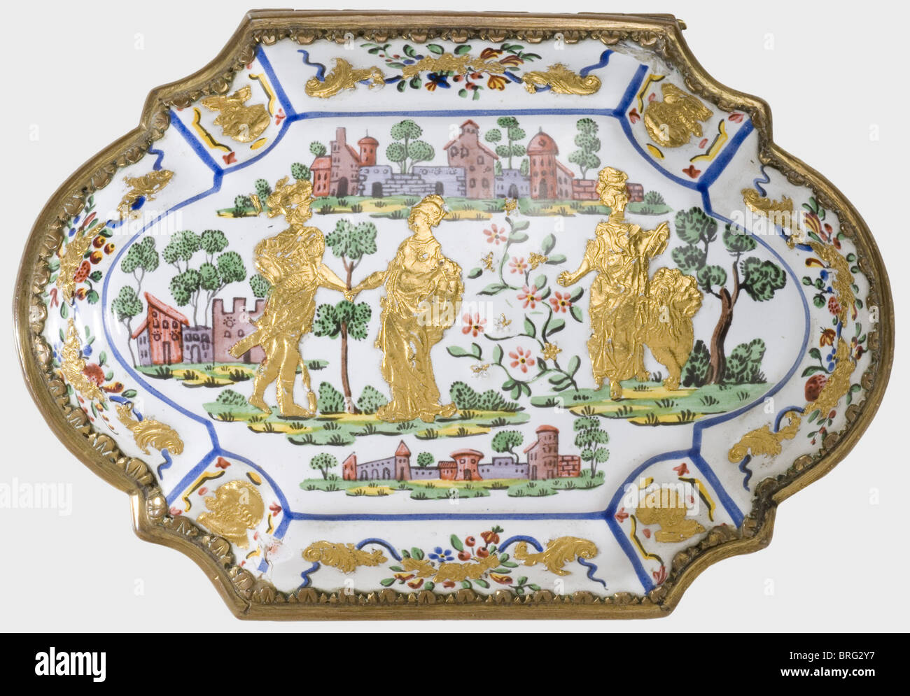 A German snuff box, 18th century. Gilded copper. Cambered, enamelled ...