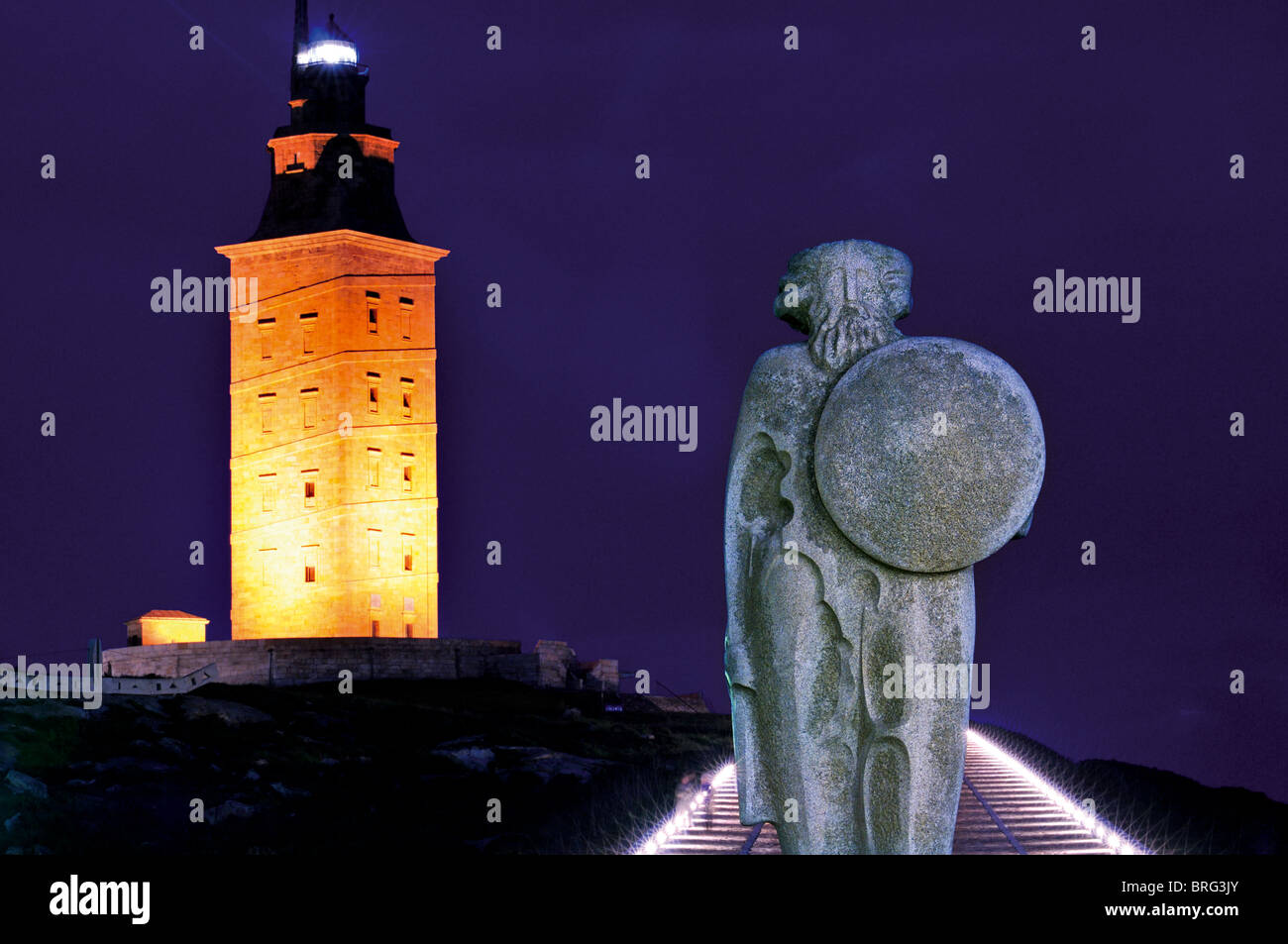 Spain,Galicia: Roman lighthouse "Torre Hercules" and celtic statue ...