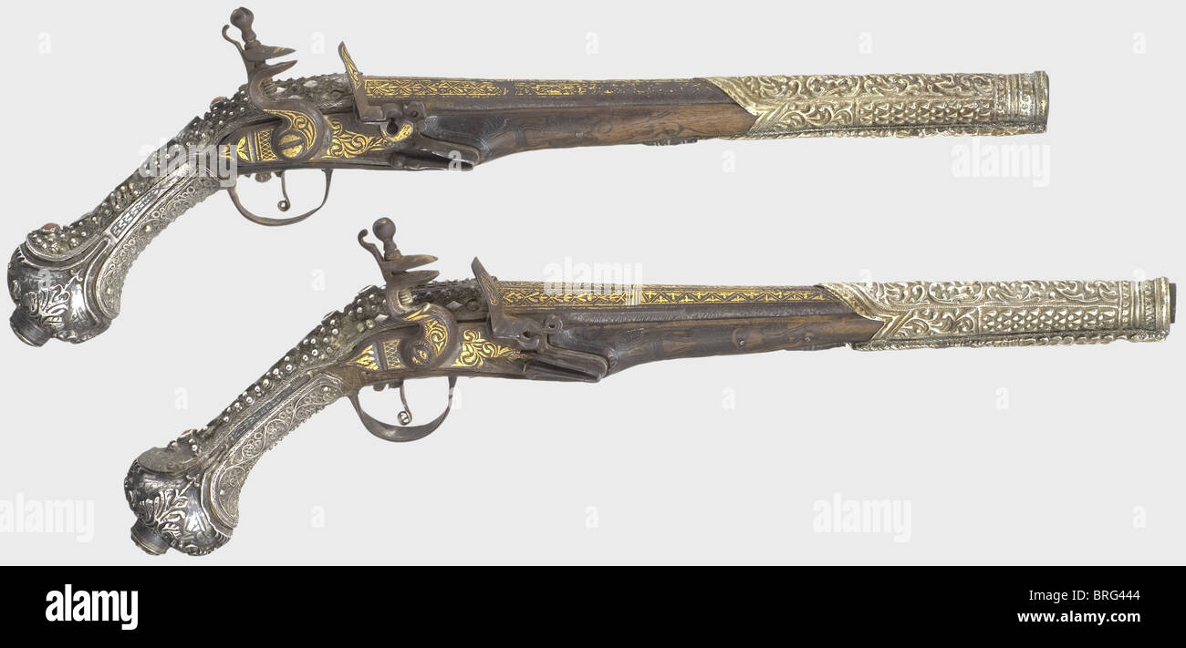 A pair of Turkish Balkans flintlock pistols,19th century.Two-stage ...