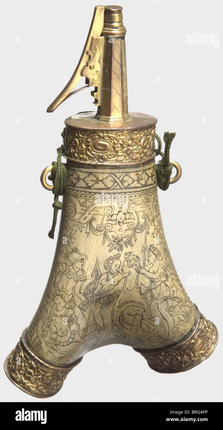 A German powder flask, circa 1580. Body of polished staghorn, obverse ...