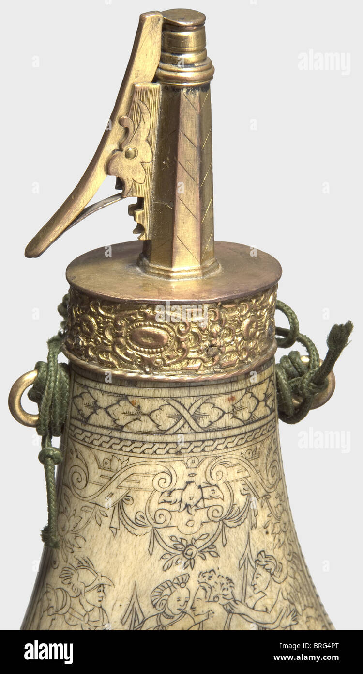 A German powder flask, circa 1580. Body of polished staghorn, obverse ...