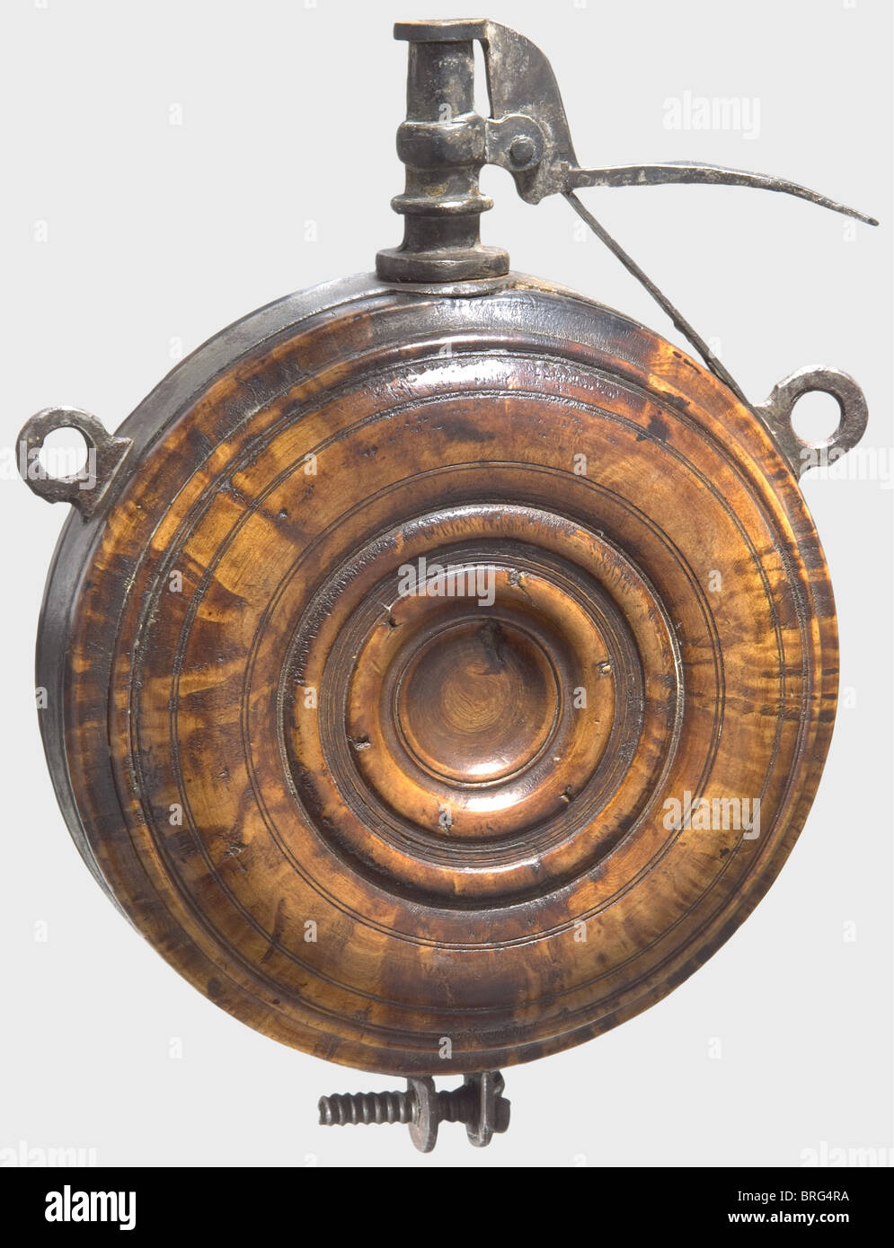 A Russian powder flask, circa 1680. Round root wood body with iron ...