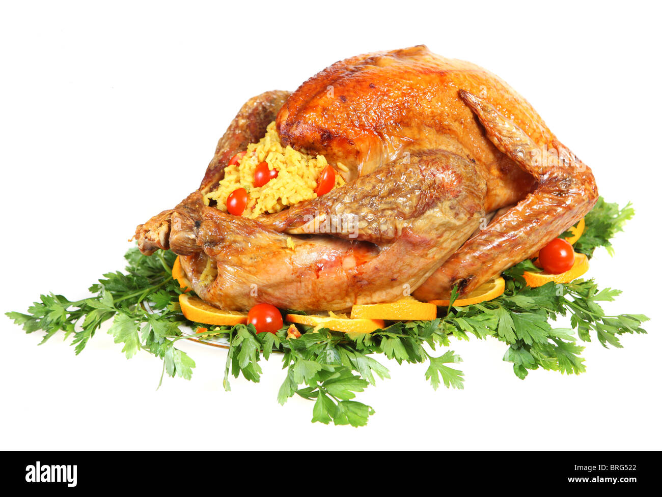 A stuffed, roast turkey on a bed of Italian flat-leaf parsley ...
