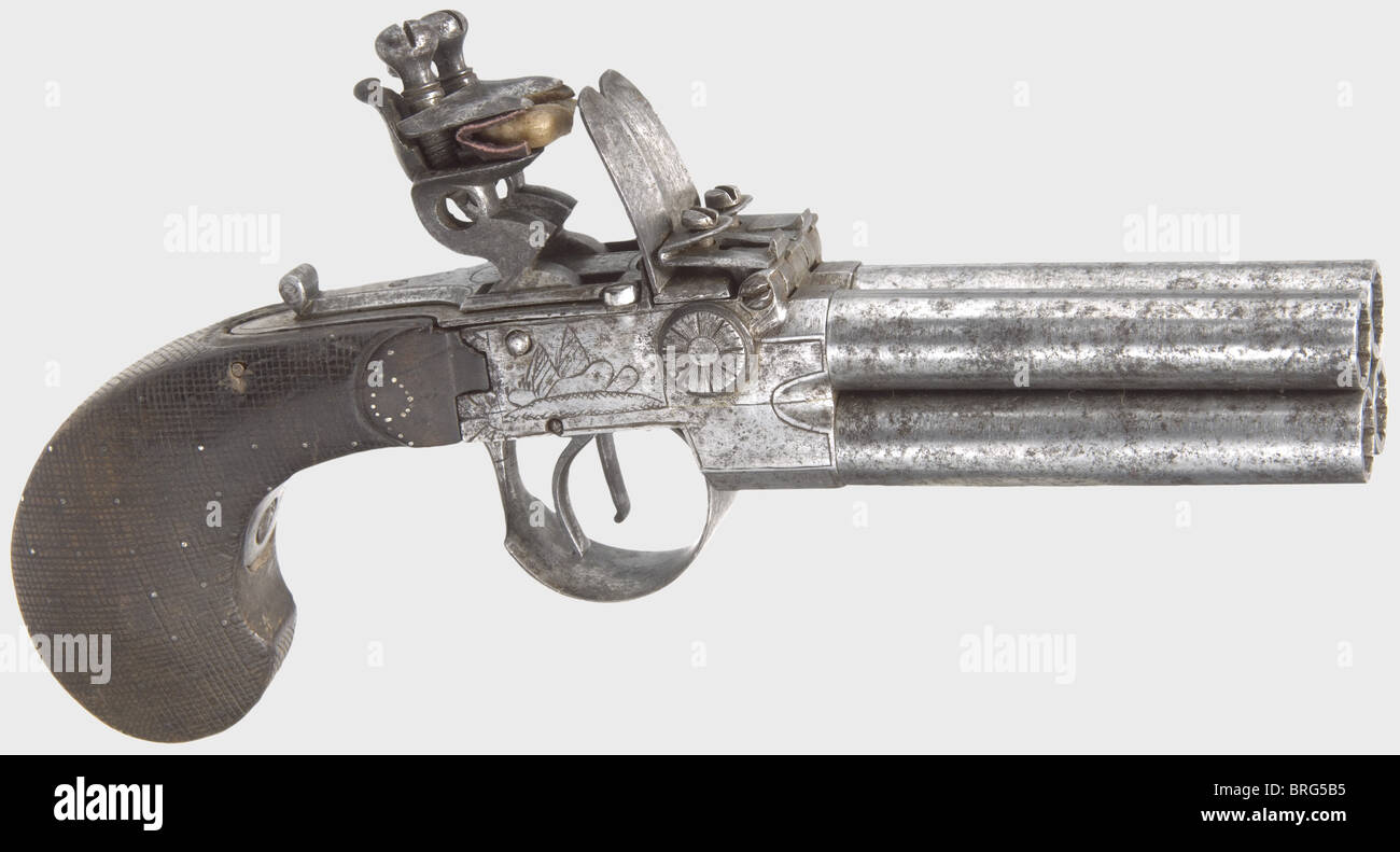 A four-barrel flintlock pistol, Liège, circa 1800. Round screw barrels ...