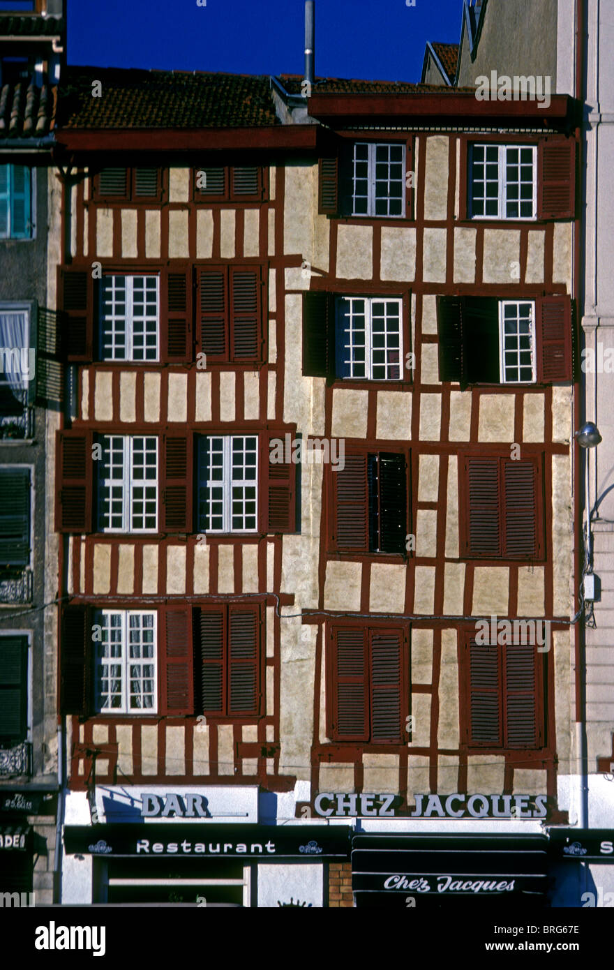 Architecture facade of half-timbered buildings in the French Basque ...