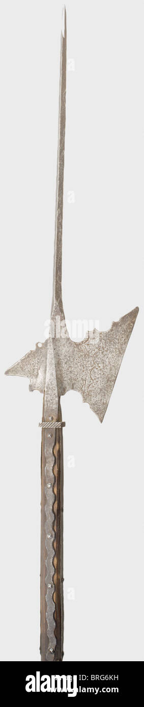 A German halberd, circa 1540 Long quadrangular thrusting spike. Heavy ...